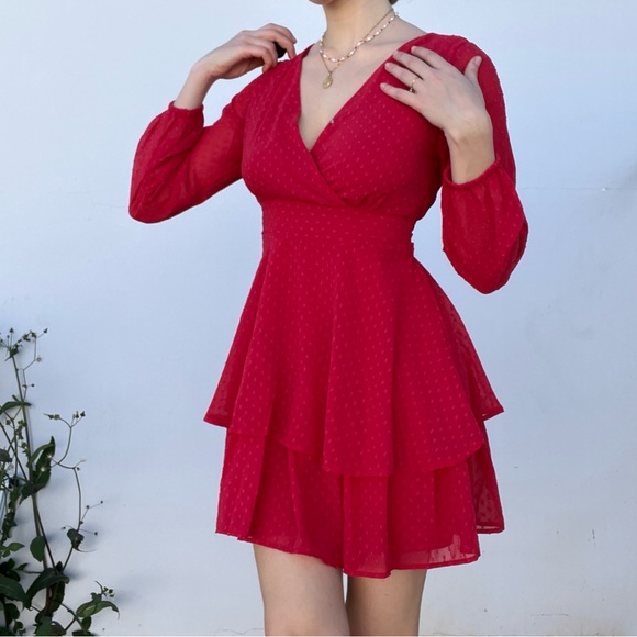 Japna | Dresses | Japna Red Mini Dress Long Sleeve Red Flowy Christmas ...